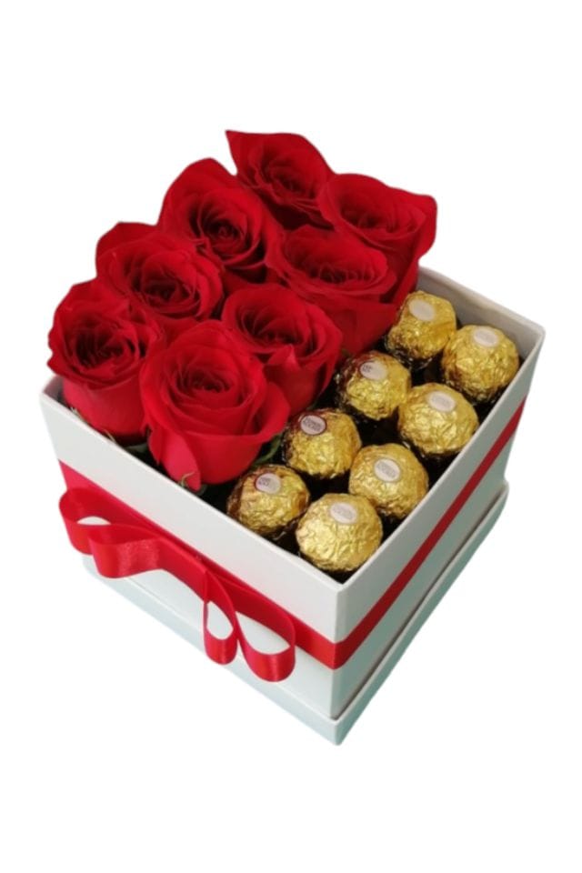 CAJA BLANCA DE 8 ROSAS ROJAS Y 8 CHOCOLATES FERRERO ROCHER – La Flor de ...